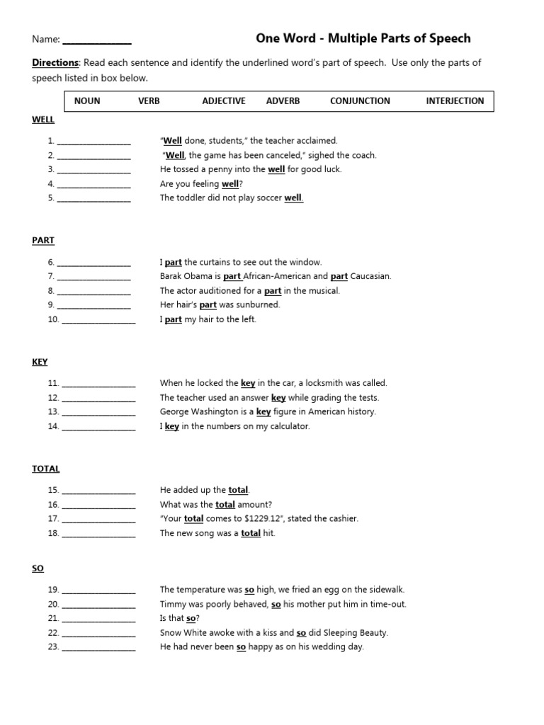 Parts of Speech Worksheet | PDF | Part Of Speech | Adverb