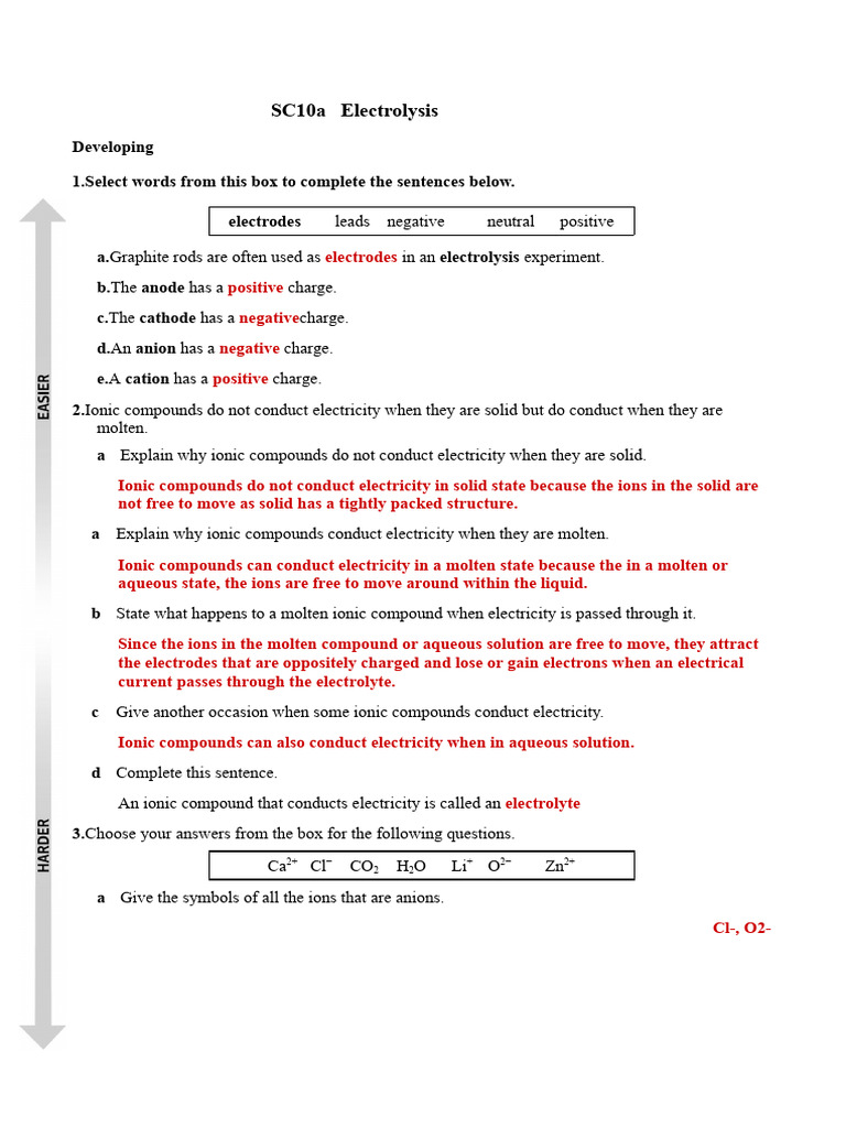 SC10a - Electrolysis - WS - Nov 2022 | PDF | Ion | Electrolyte