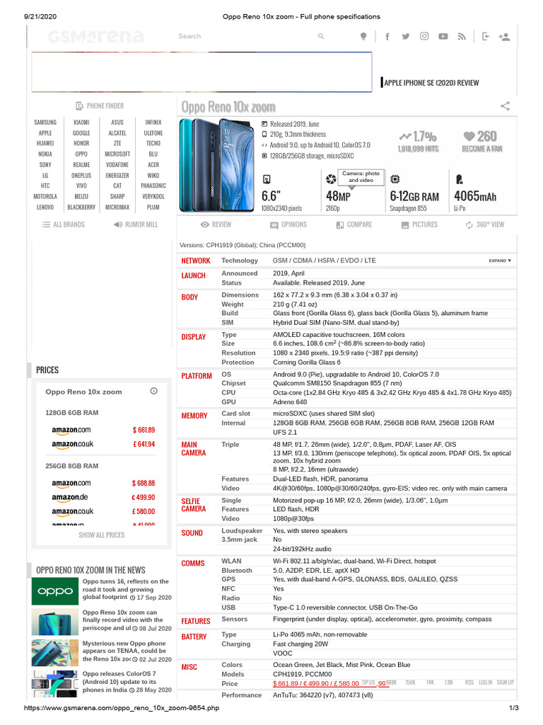 Oppo Reno 10x Zoom - Full Phone Specifications | PDF | Smartphone ...