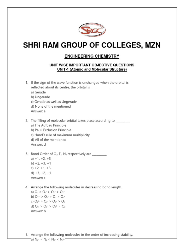 Unit - 1 MCQ's | PDF | Molecular Orbital | Quantum Mechanics