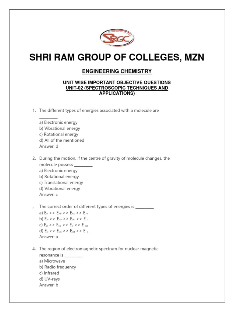 Unit - 2 MCQ's | Download Free PDF | Spectroscopy | Emission Spectrum