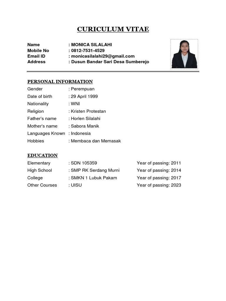 CV Monica Silalahi | PDF