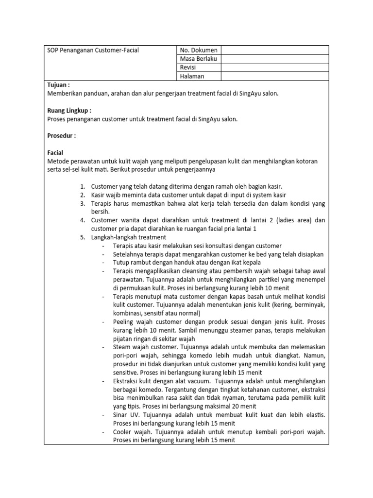 SOP Treatment - Facial | PDF | Bisnis | Kesehatan Holistik