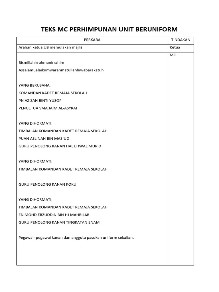 Teks MC Perhimpunan Unit Beruniform | PDF