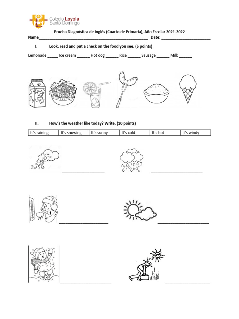 Prueba Diagnóstica de Inglés de Cuarto, Ejemplo. | PDF | Food And Drink | Foods
