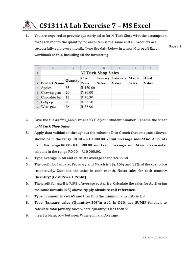 CS1311A LabExercise 7 - MS Excel-1 | PDF | Microsoft Excel | Business