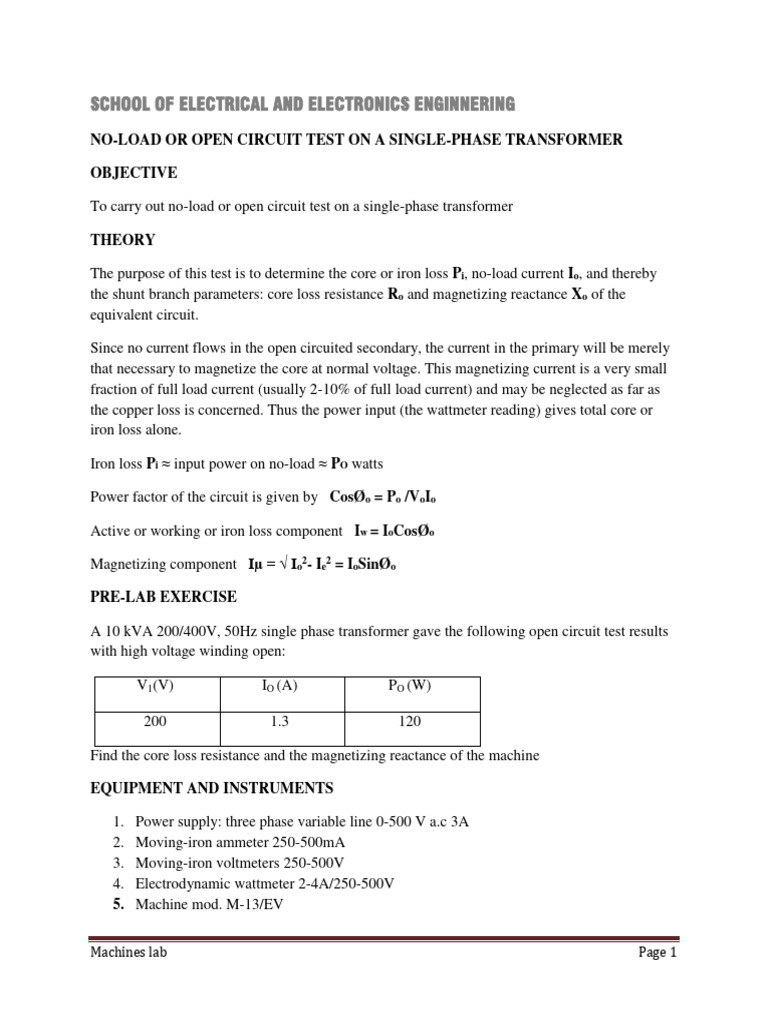 Transformer - Open Circuit Test | PDF | Transformer | Voltage