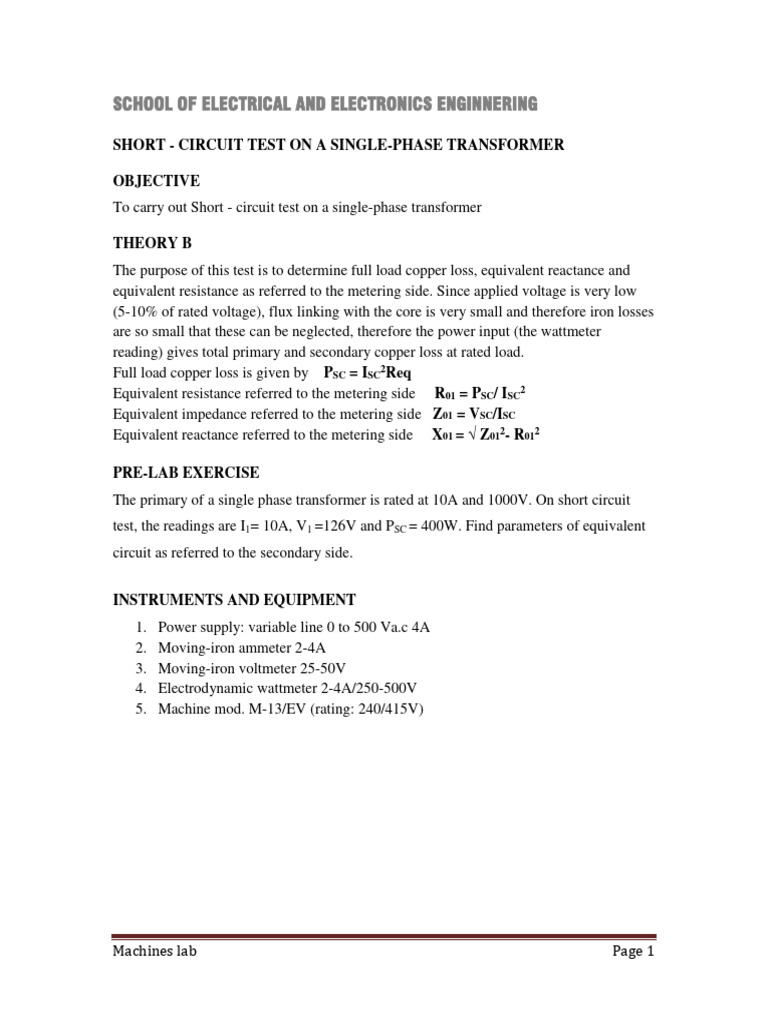 Short-Circuit Test on Single-Phase Transformer | PDF | Transformer ...