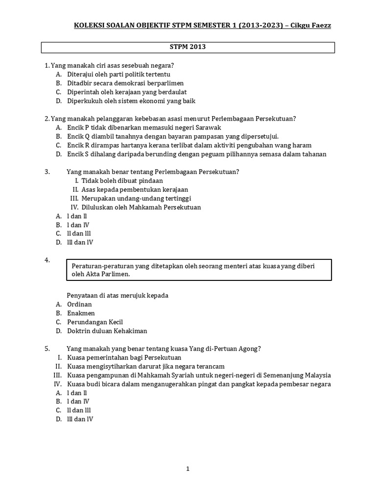 Koleksi Soalan Objektif 2013-2023 | PDF