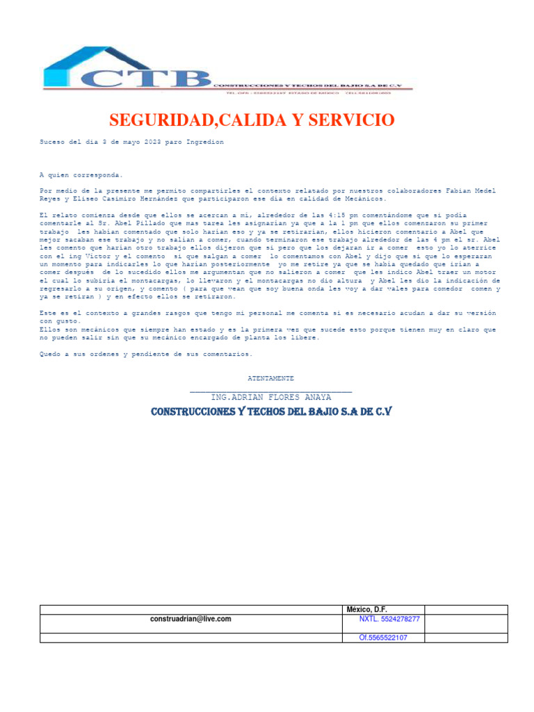 Incidente Laboral en Ingredion | PDF