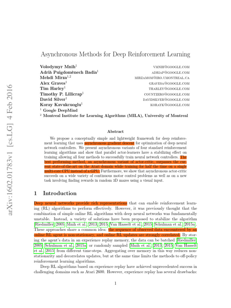 Asynchronous Methods For Deep Reinforcement Learning | PDF | Estimator | Cognitive Science