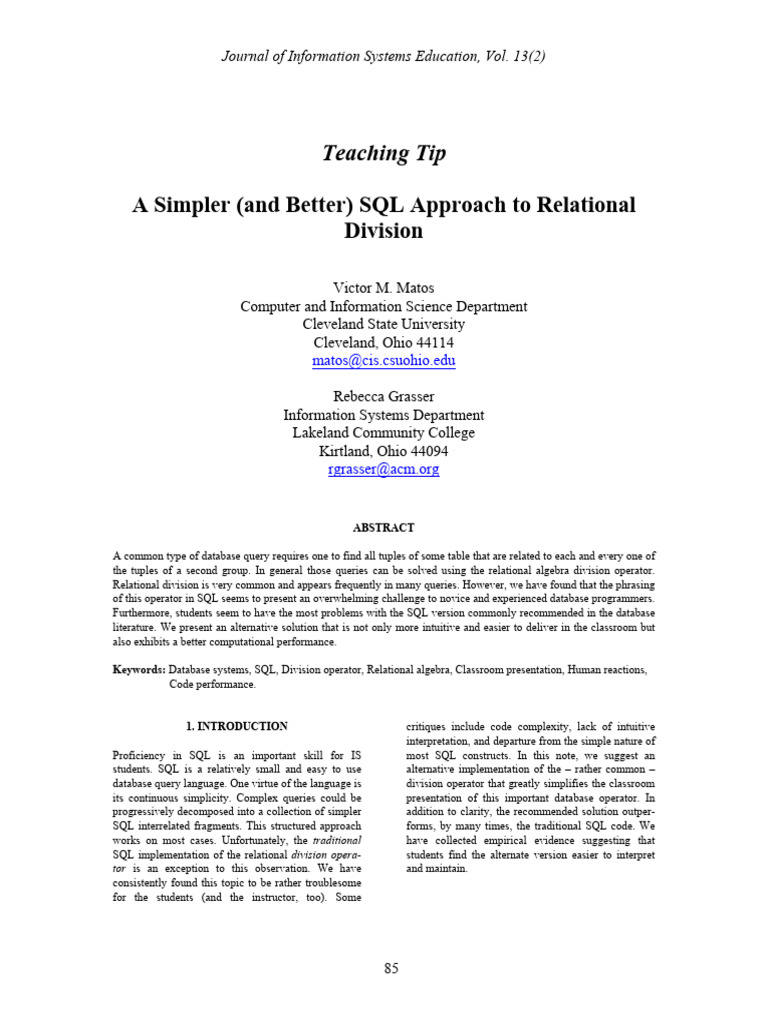 A Simpler (And Better) SQL Approach To Relational Division | PDF ... A Simpler (And Better) SQL Approach To Relational Division | PDF ...