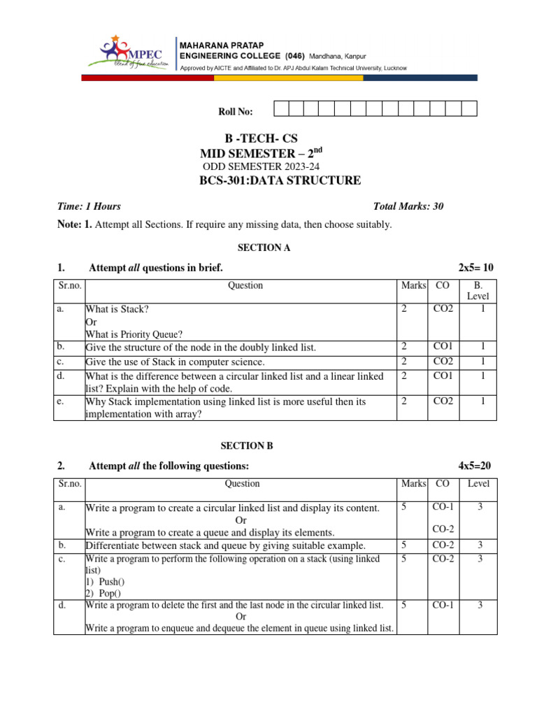 Midd - 2 Paper (BCS301) | Download Free PDF | Queue (Abstract Data Type) | Applied Mathematics