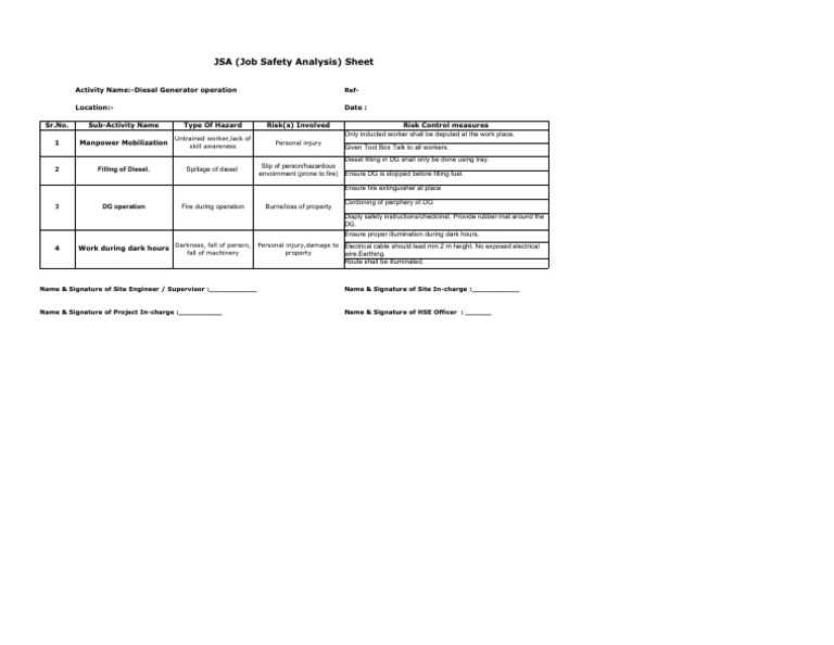 Diesel Generator Operation JSA | PDF | Working Conditions | Occupational Safety And Health