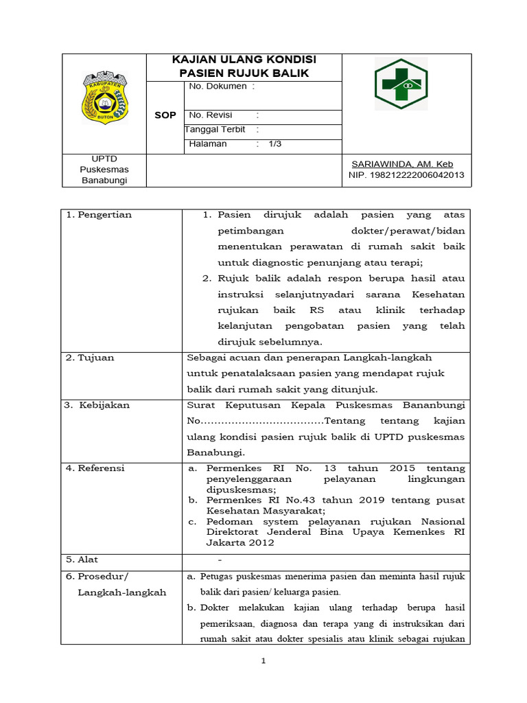 Sop Kajian Ulang Kondisi Pasien Rujuk Balik | PDF