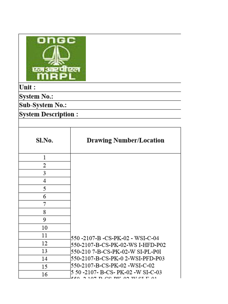 MRPL Punch List Format | PDF | Chemical Engineering | Building Materials