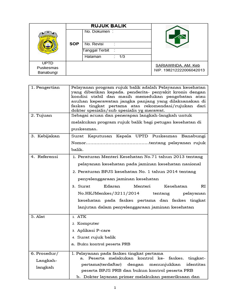 SOP Rujuk Balik Puskesmas | PDF | Pengembangan Diri | Kesehatan Holistik