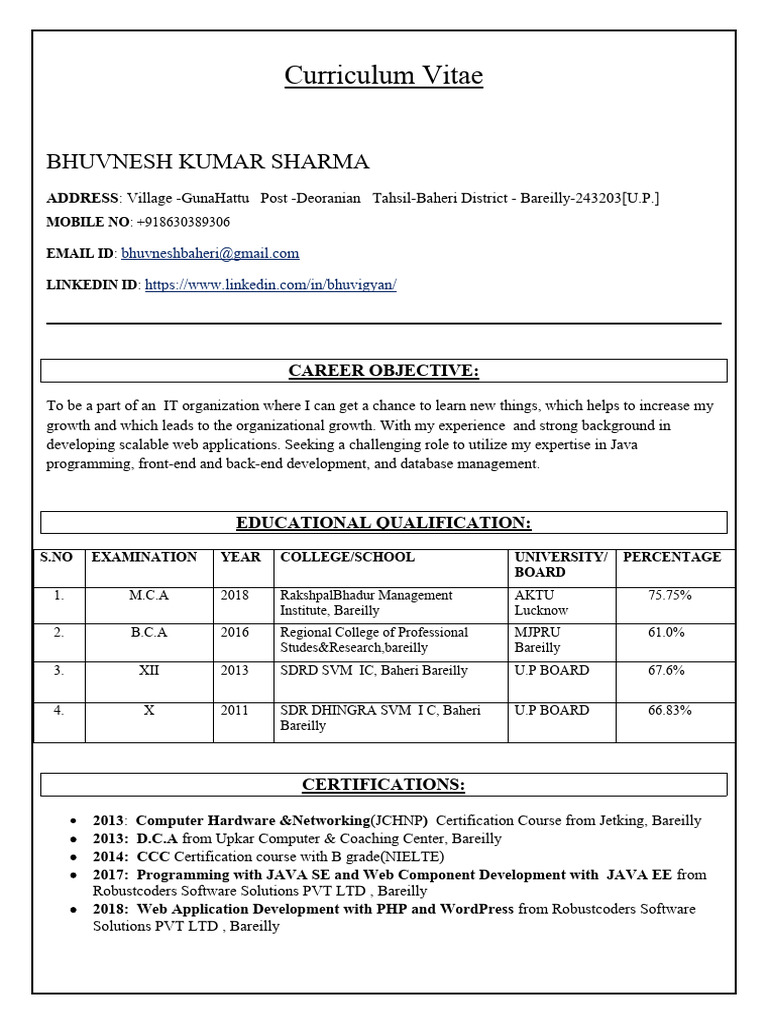 CV Bhuvnesh 1-6-23 | PDF | Java (Programming Language) | Operating System