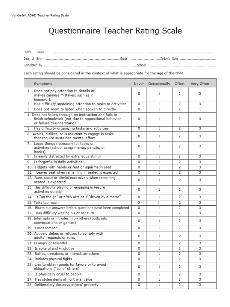 Vanderbilt Scale Parent and Teacher | PDF | Attention Deficit ...