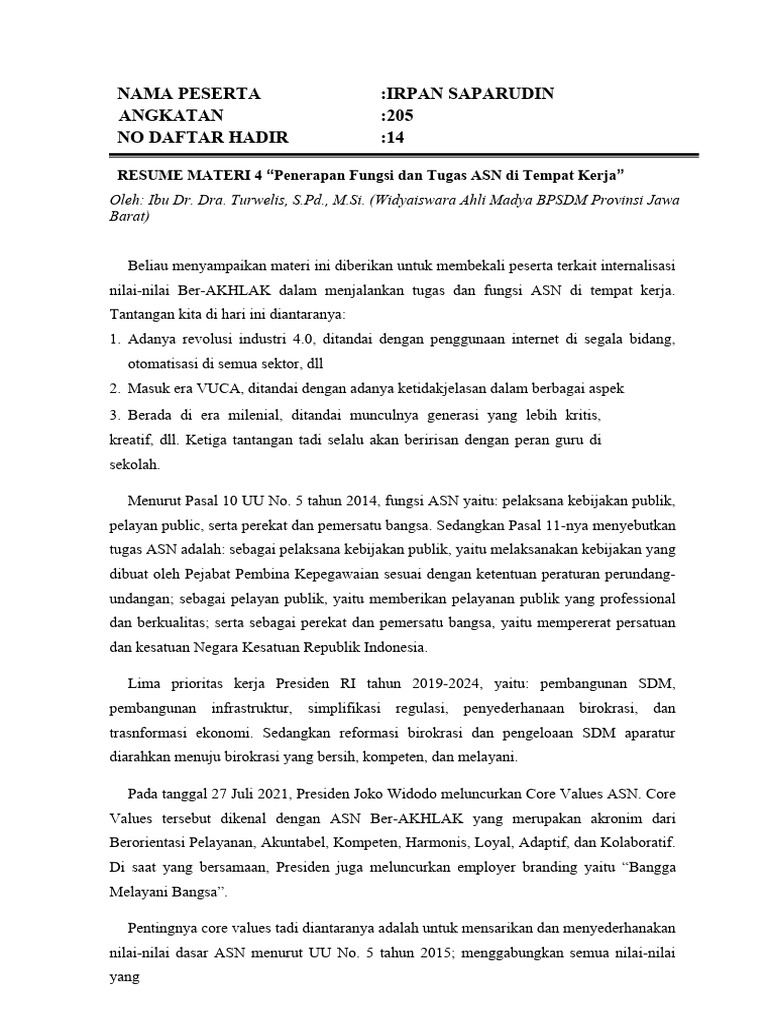 Resume ELEARNING Materi 4 Penerapan Fungsi Dan Tugas ASN Di Tempat Kerja AGUS | PDF | Karier ...