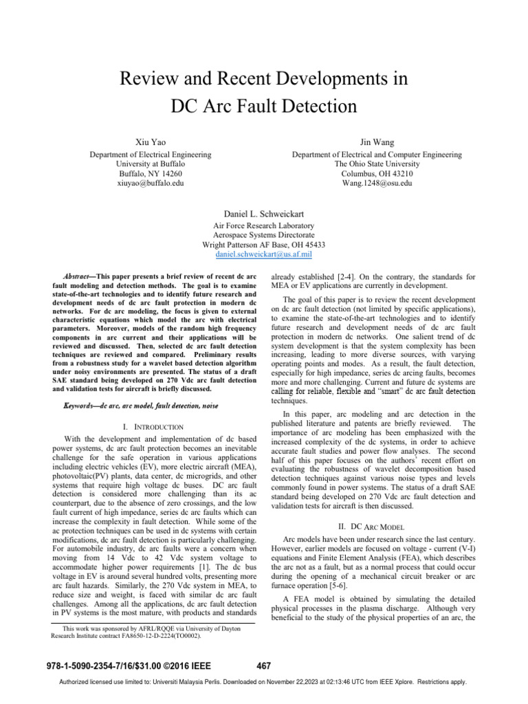 Review And Recent Developments In Dc Arc Fault Detection Download Free Pdf Electrical