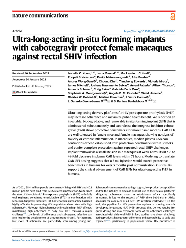 Ultra-Long-Acting In-Situ Forming Implants With Cabotegravir Protect ...