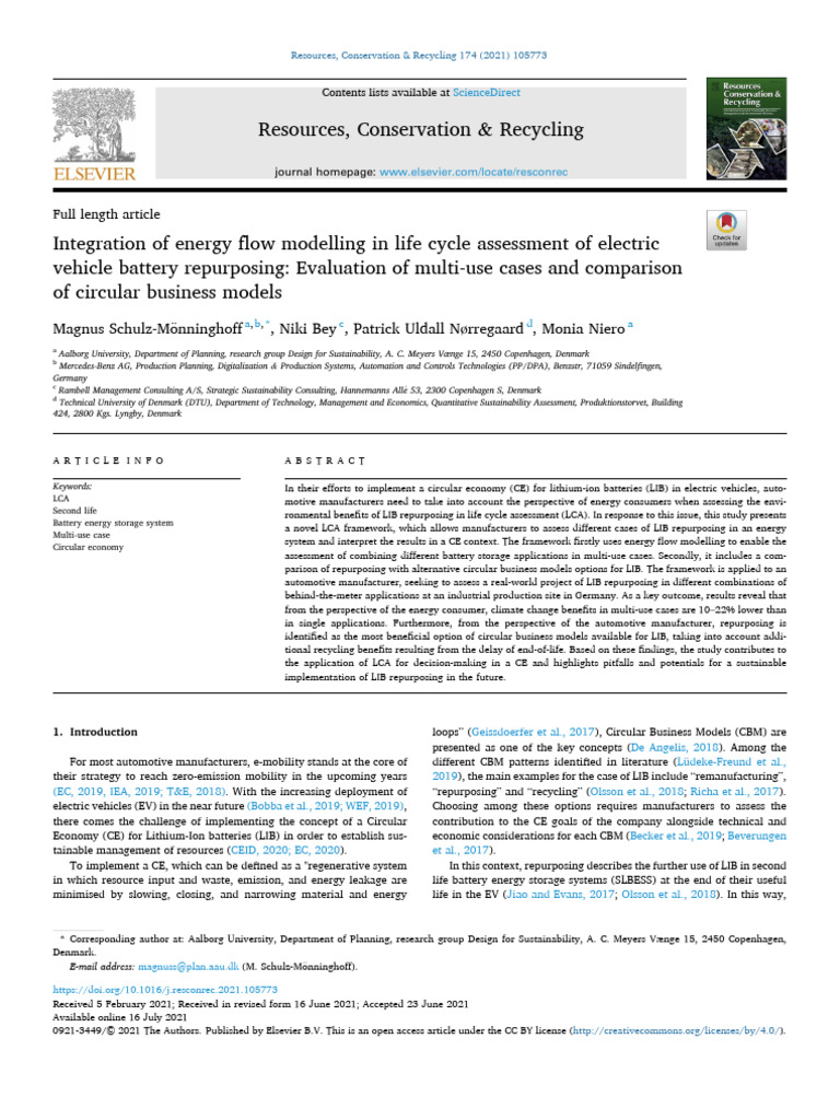 LCA Framework for EV Battery Repurposing | PDF | Life Cycle Assessment ...