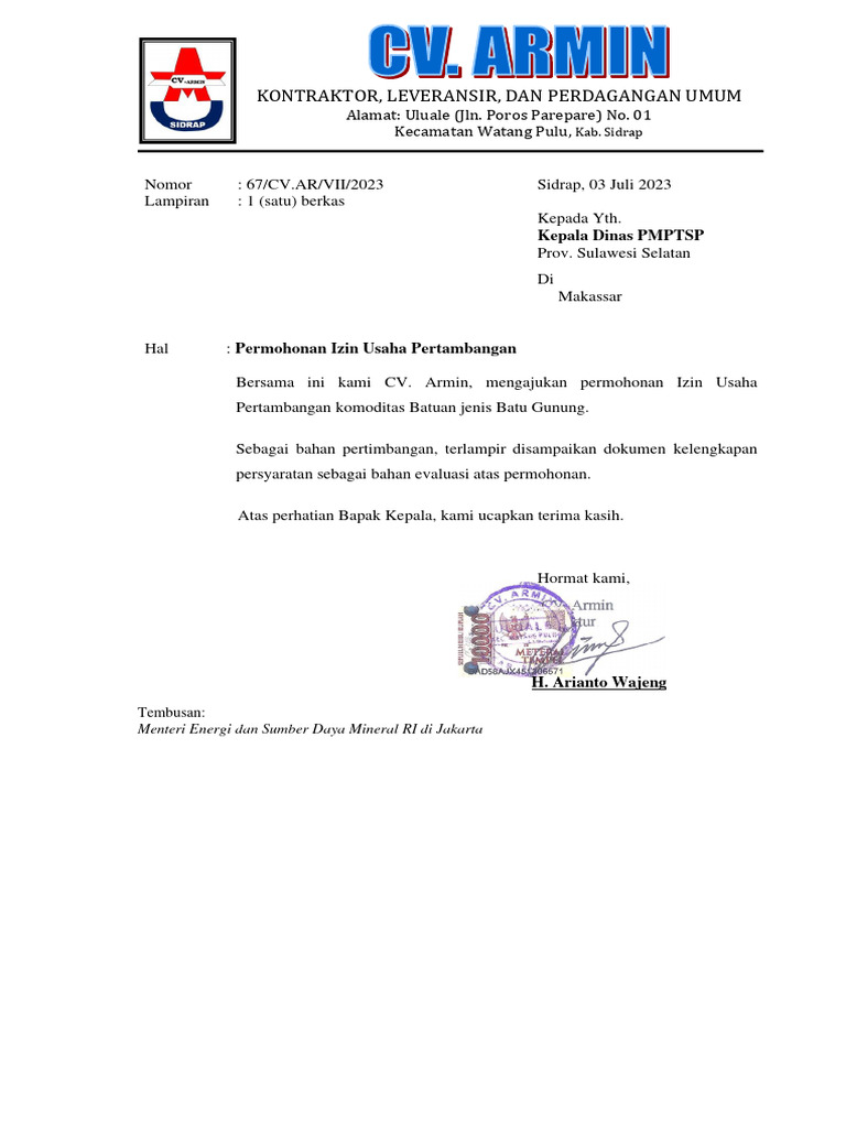 Surat Permohonan IUP Eksplorasi CV. Armin | PDF