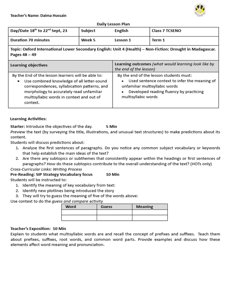 English G7 Week 5 2023-24 Daima Hussain | PDF | Lesson Plan | Learning