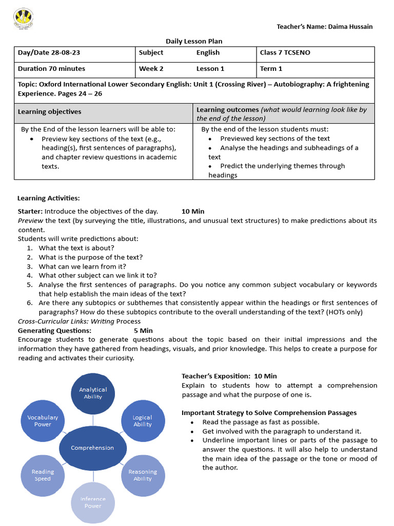 English G7 Week 2 2023-24 Daima Hussain | PDF | Lesson Plan | Reading Comprehension