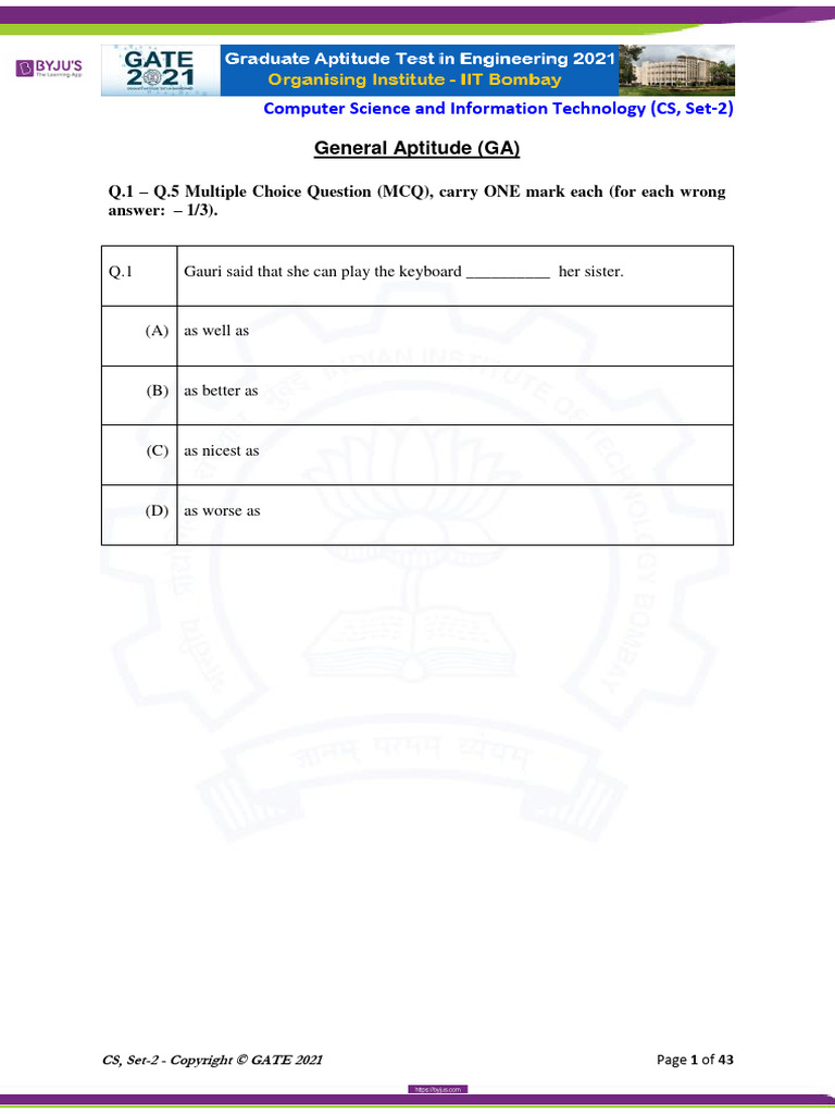 GATE Computer Science and Technology Set 2 Previous Year Question Paper ...