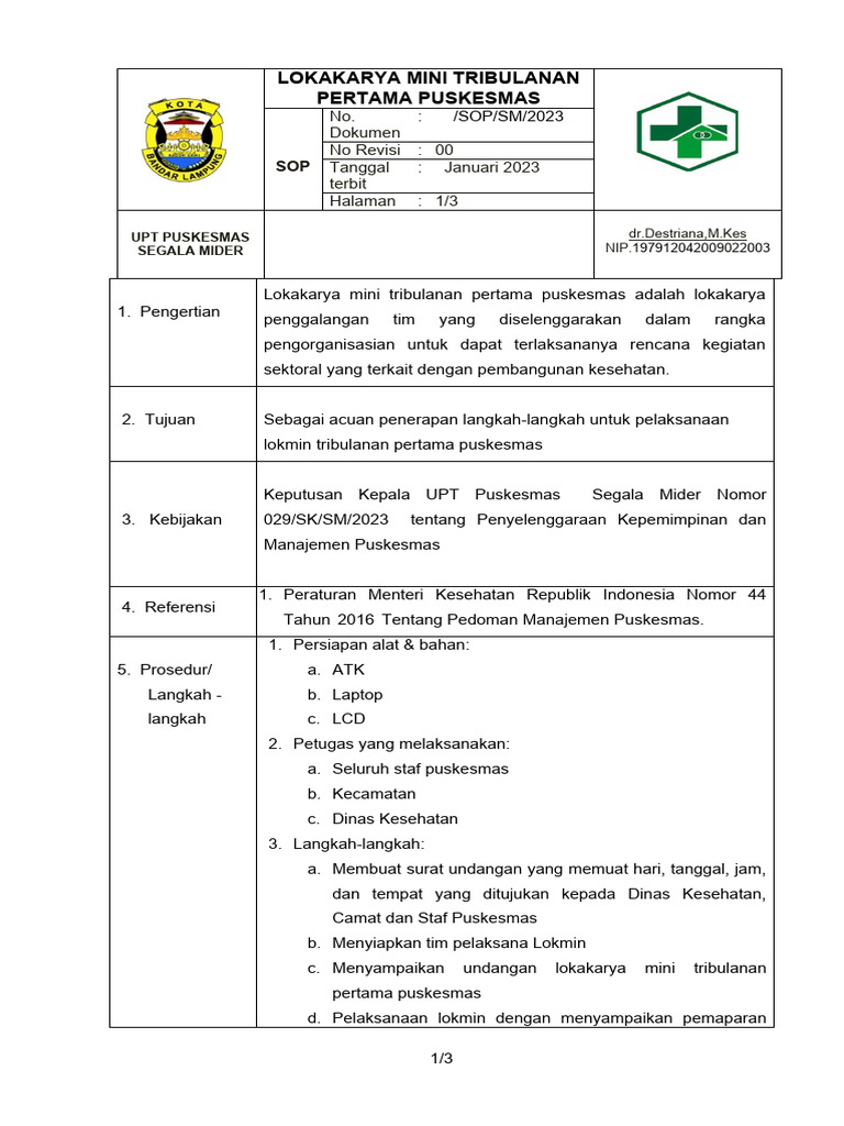 Sop Lokakarya Mini Tribulanan Pertama Puskesmas | PDF