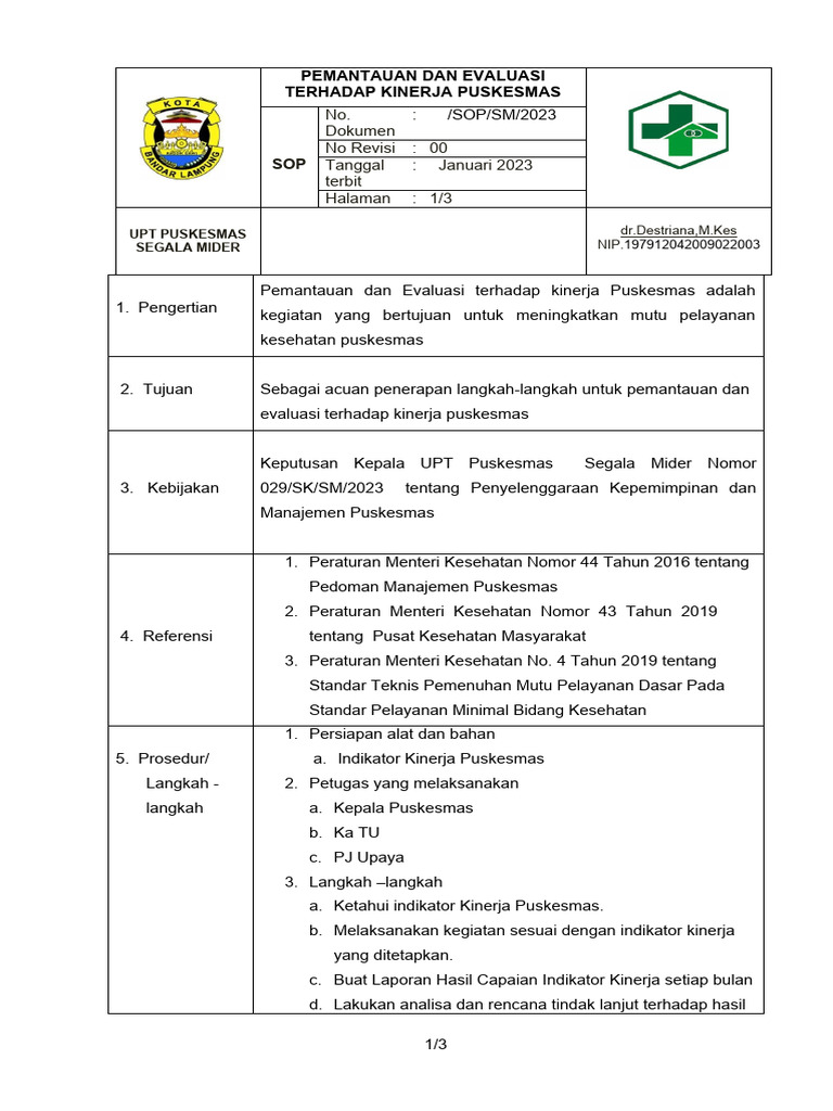 SOP Evaluasi Kinerja Puskesmas | PDF