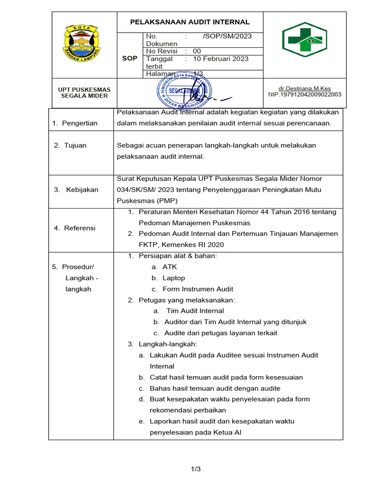 SOP Audit Internal Puskesmas 2023 | PDF | Bisnis | Pengelolaan Keuangan & Uang