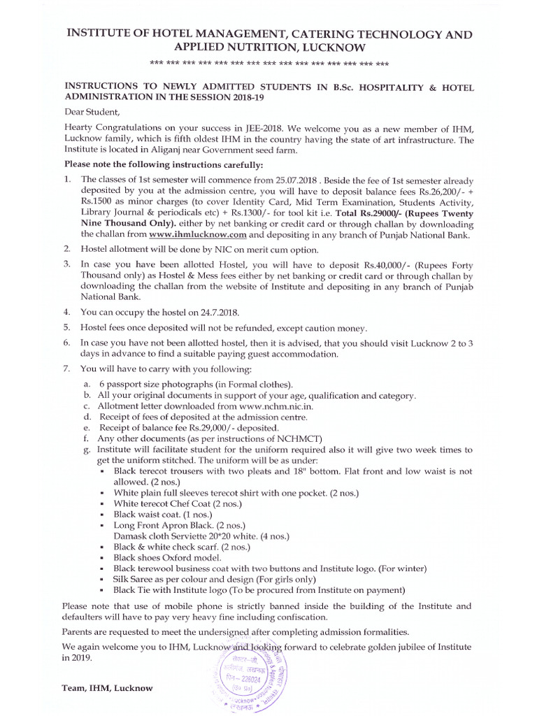 Instructions To Newly Admitted Students in B.SC - Hospitality Amp Hotel ... Instructions To Newly Admitted Students in B.SC - Hospitality Amp Hotel ...