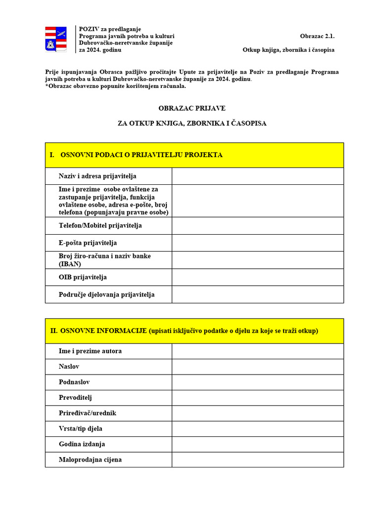 Obrazac 2.1. Otkup Knjigazbornikacasopisa 2024 | PDF