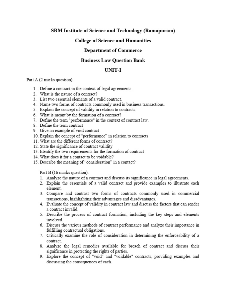 Business Law Question Bank UNIT - 1 To 5 | PDF | Offer And Acceptance ...
