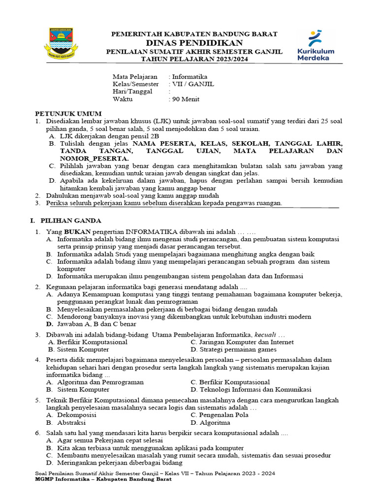 Soal - Psas - Informatika - Kelas Vii - SMT 1 - 20232024 | PDF