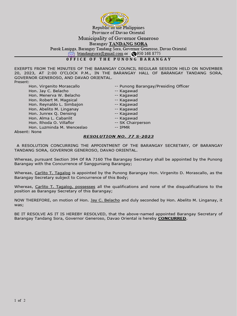 Sangguniang Barangay Resolution | PDF | Philippines