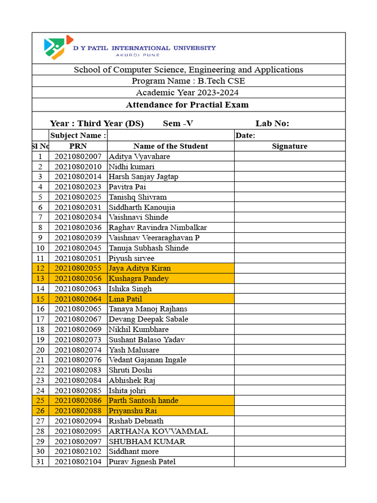 DS - Lab - Attendance Sheet | PDF