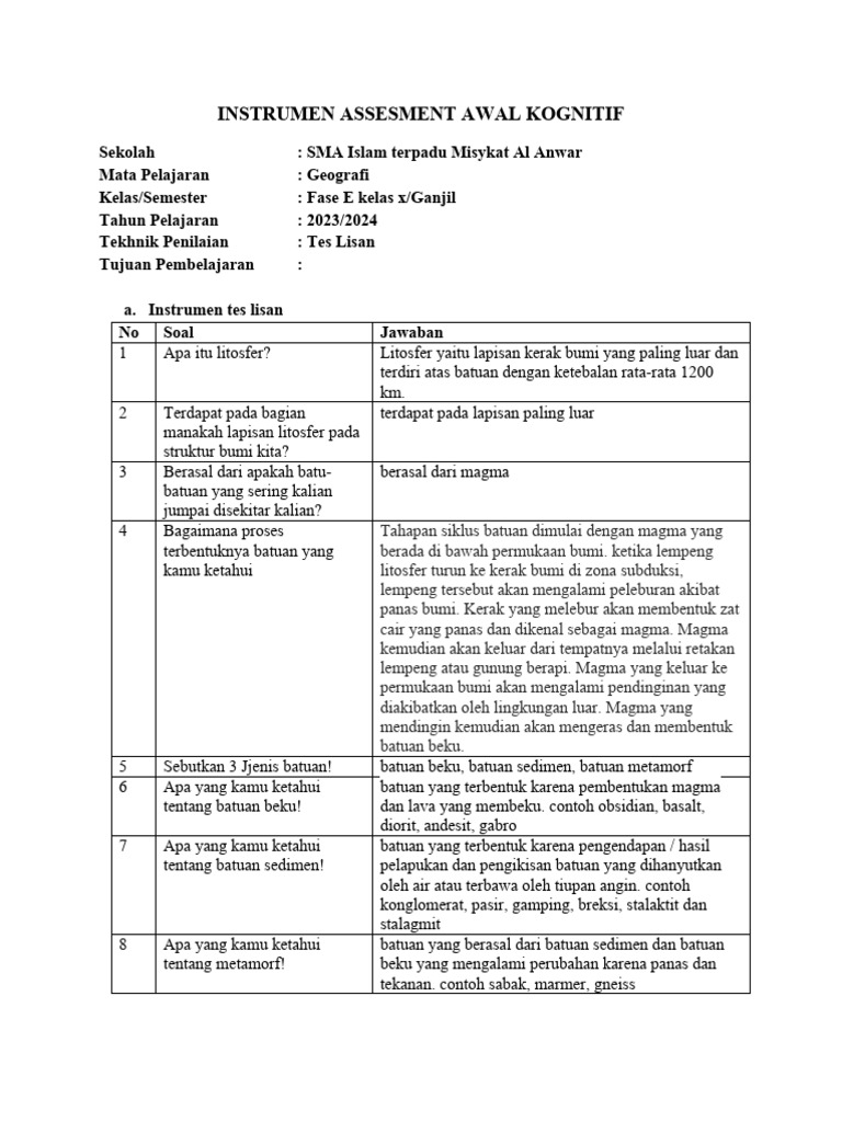 Instrumen Assesment Awal Kognitif New | PDF