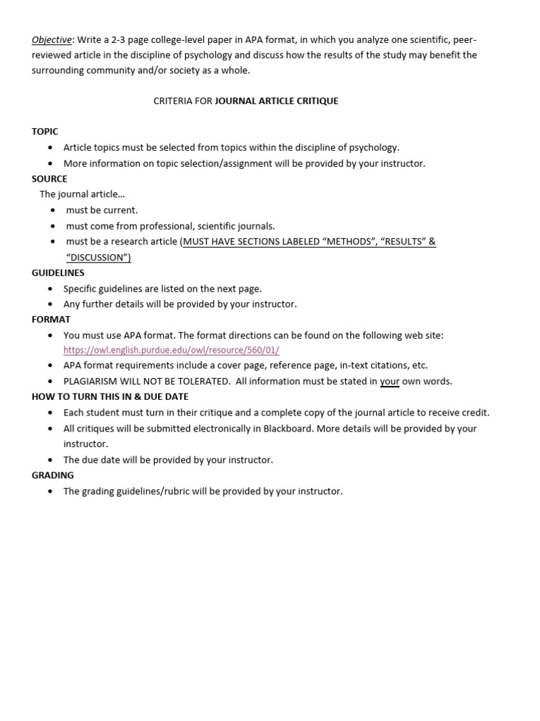 APA Article Critique Guidelines | PDF | Hypothesis | Academic Journal