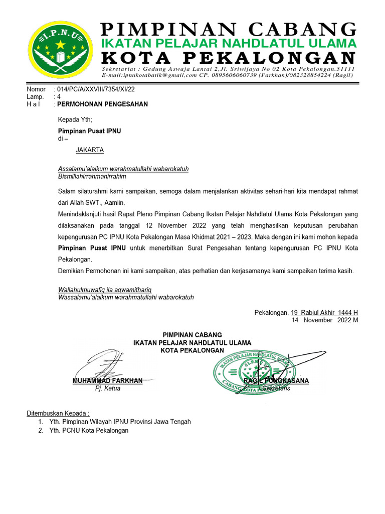Surat Permohonan Pengesahan (PP IPNU) Hasil Rapimcab 1 | PDF Surat Permohonan Pengesahan (PP IPNU) Hasil Rapimcab 1 | PDF