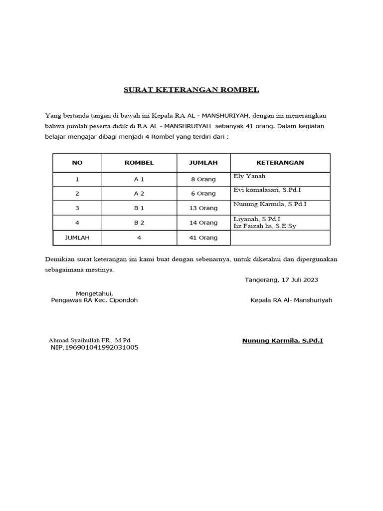 Surat Keterangan Rombel | PDF