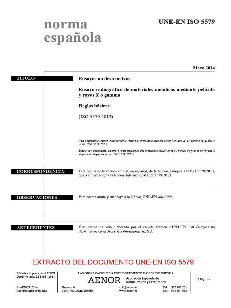 (Ex) Une-En Iso 5579 2014 | PDF | Rayo X | Pruebas no destructivas