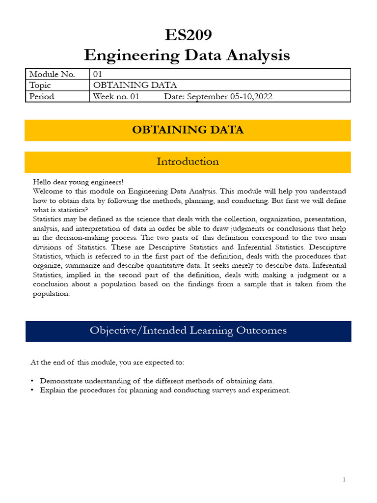 ES209 Module 1 - Data Management | Download Free PDF | Experiment | Survey Methodology