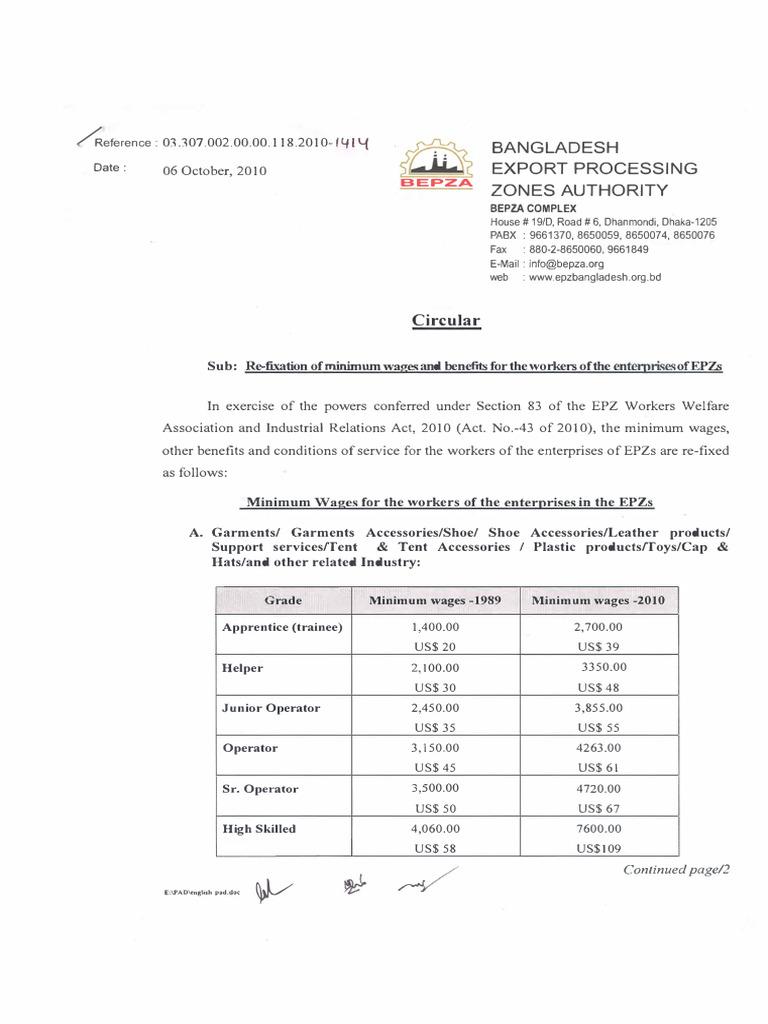 BEPZA Re-Fixation of Minimum Wages & Benefits 2010 | PDF | Piece Work ...