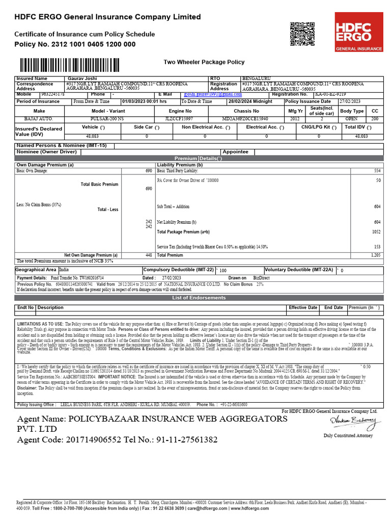 HDFC ERGO General Insurance Company Limited: Policy No. 2312 1001 0405 1200 000 | PDF ...
