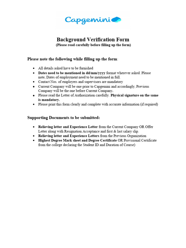 Background Verification Form | Download Free PDF | Labor