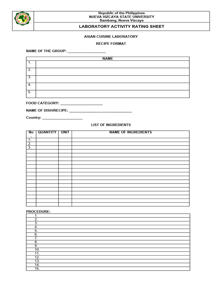 Laboratory Rating Sheet Pdf Recipe Cooking